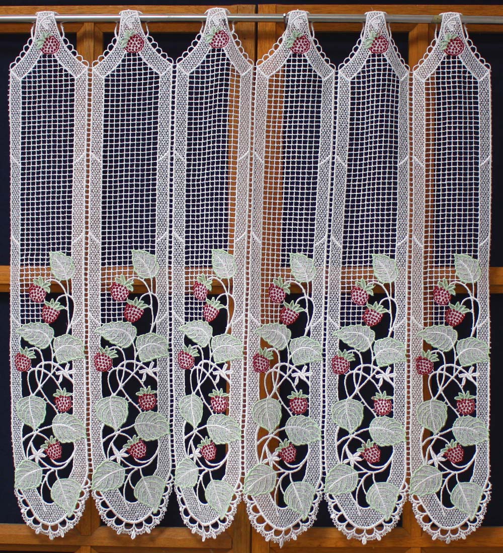 Raspberry lace kitchen curtain